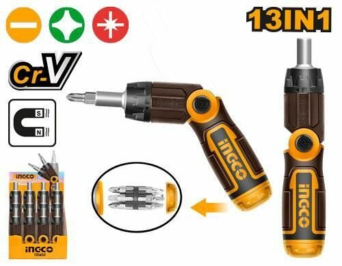 Отвертка с трещеткой и битами 13 в 1 INGCO AKISD1208