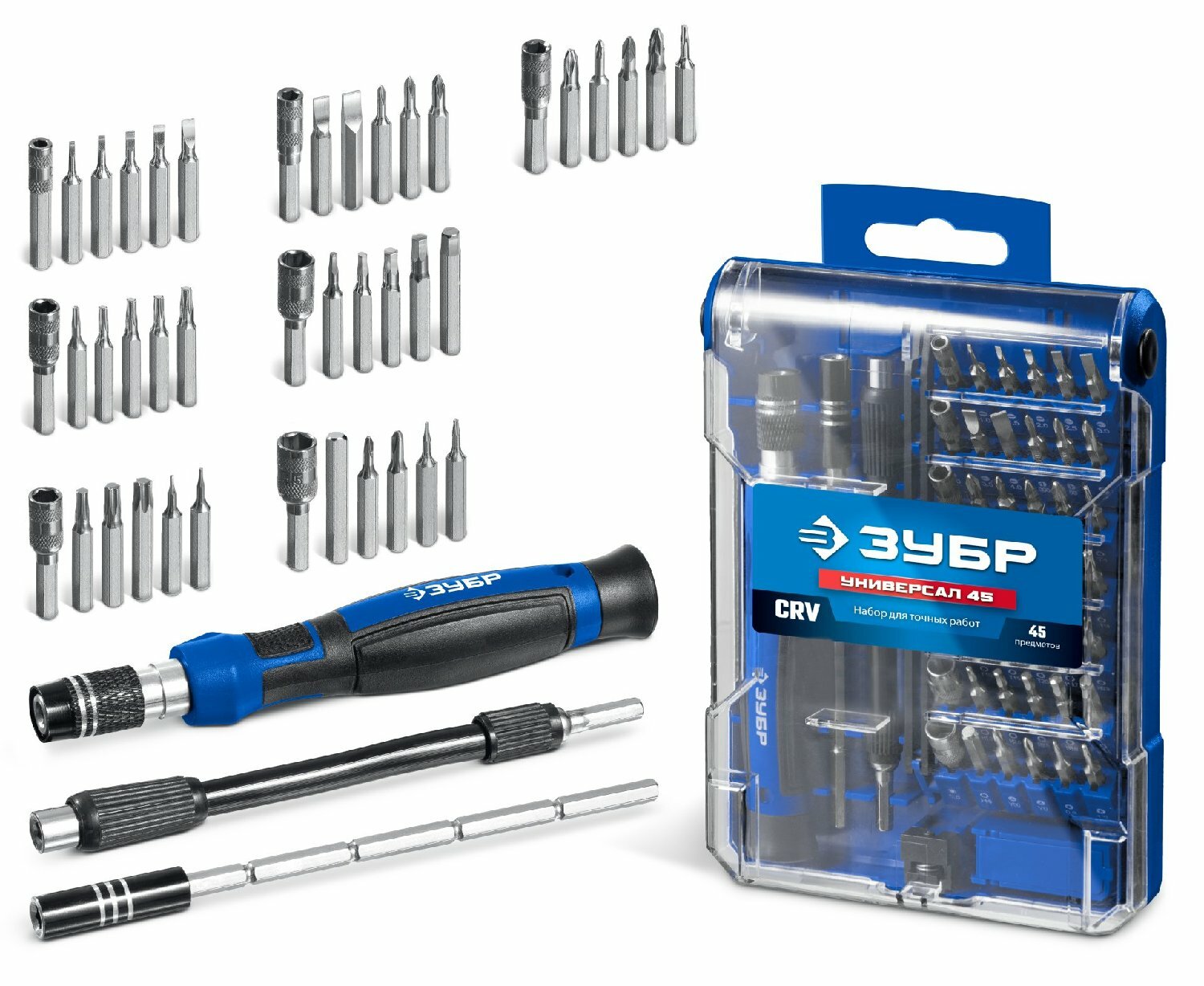 Набор отверток ЗУБР Универсал-45 для точных работ с 45 предметами Cr-V сталью и торцовыми головками