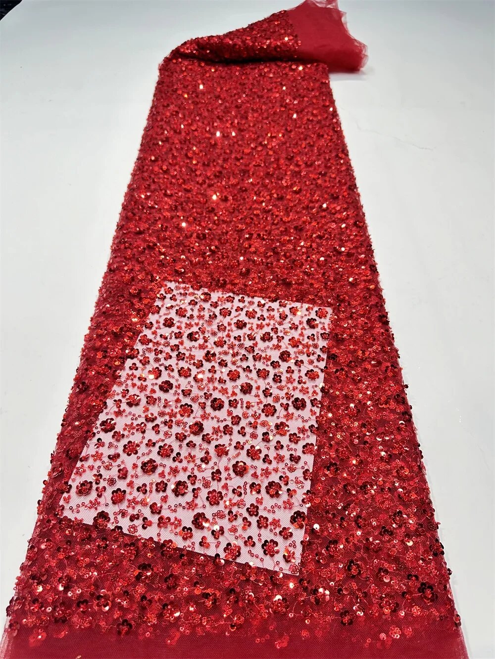 Африканская кружевная ткань с золотыми блестками и бисером Красный, As picture11, 5 ярдов