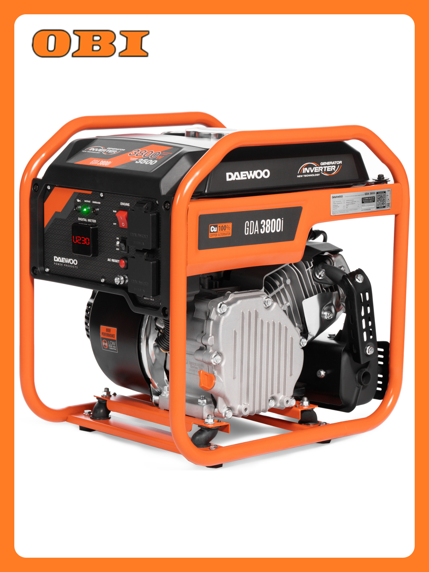 Генератор DAEWOO GDA 3800i, инверторный, 3,5 кВт, 1 фаза, ручной запуск