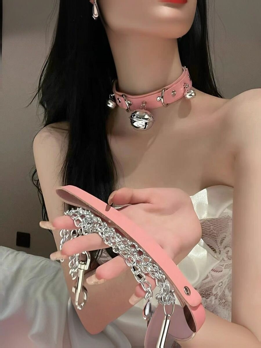 Кожаный набор для взрослых BDSM: ошейник с цепью на шею + сексуальный поводок (Розовый)