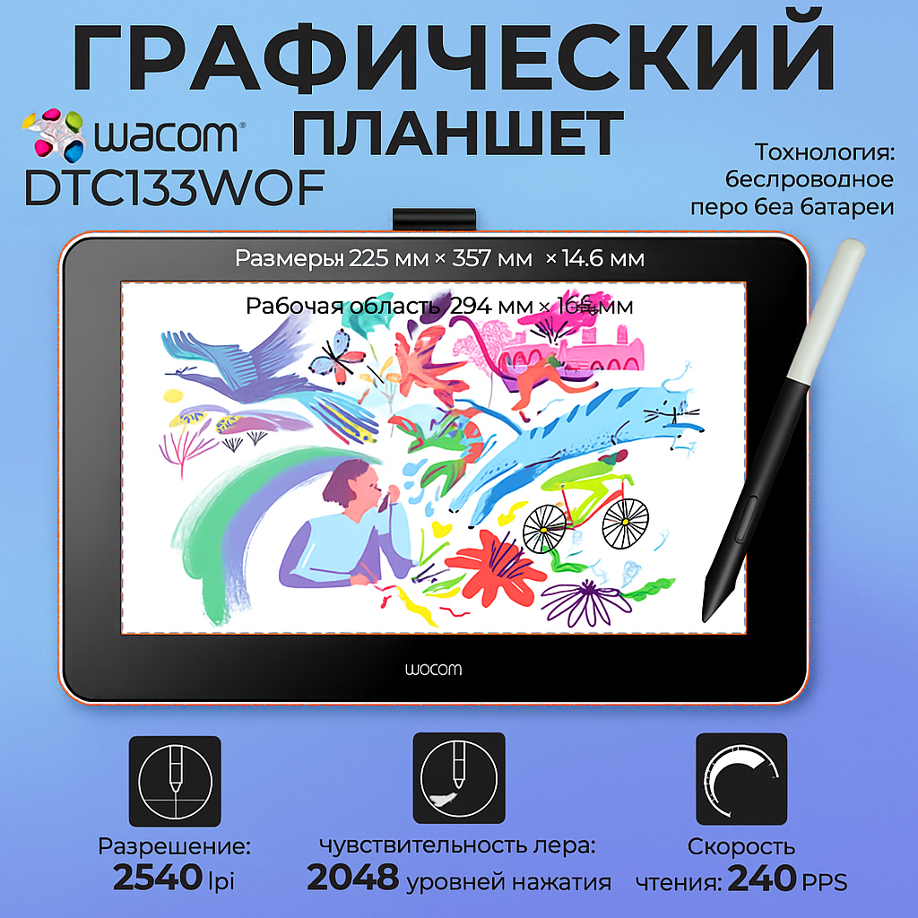 Графический планшет Wacom DTC133W0F, USB, CN,4090, белый