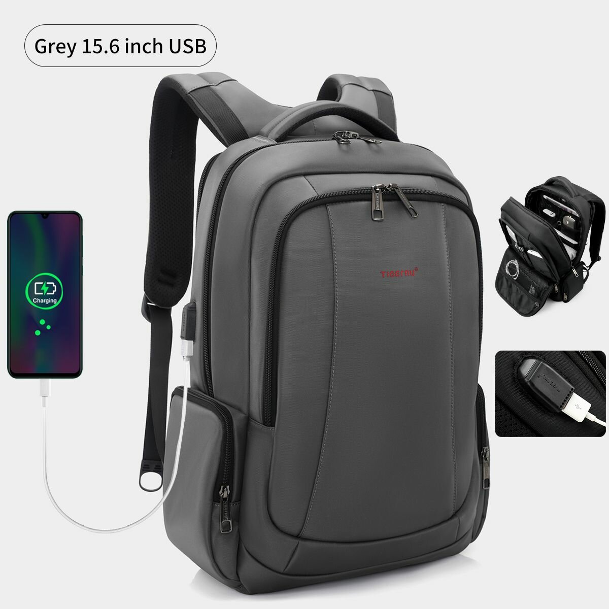 Рюкзак Tigernu "T-B3143USB", мужской, городской, водоотталкивающий, USB-порт, серый