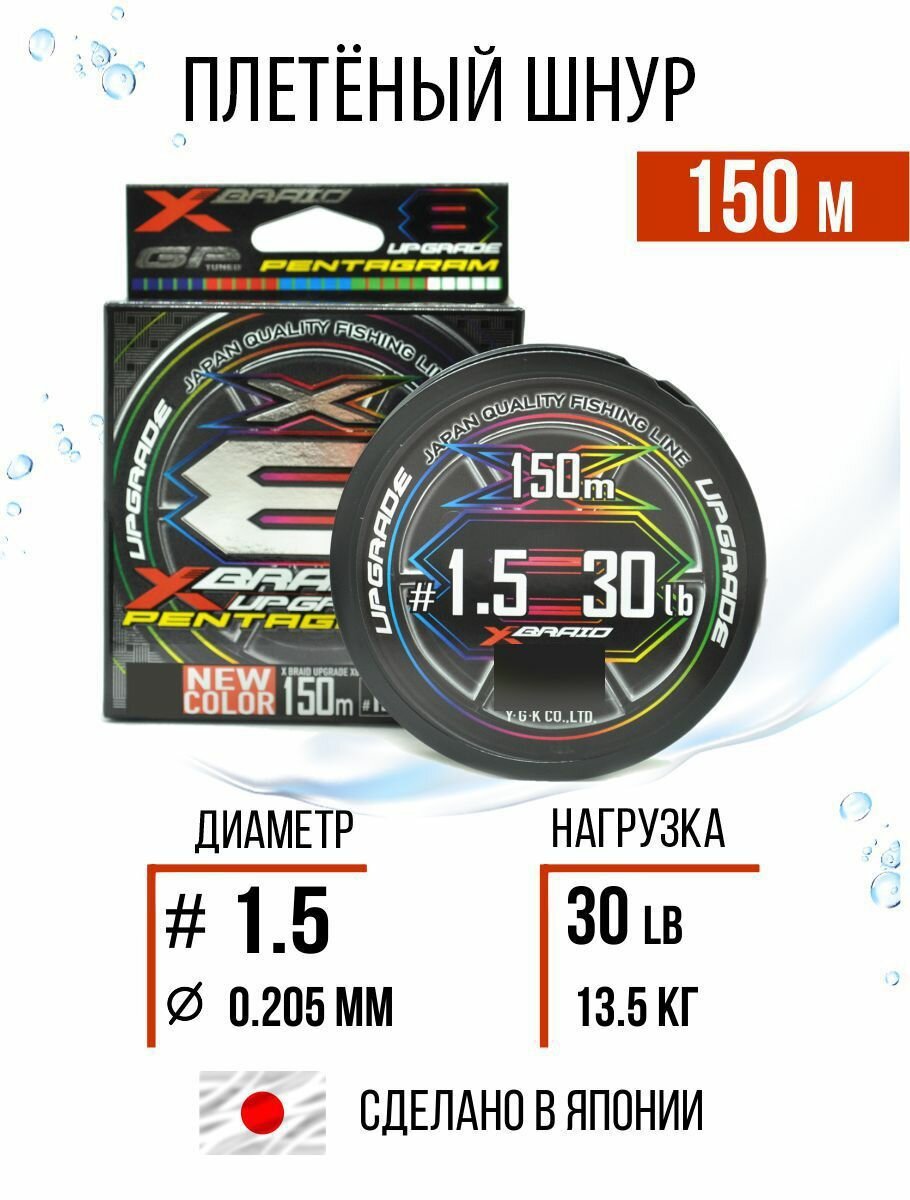 Плетёный шнур для рыбалки YGK X-Braid Upgrade X8 Pentagram #1.5/30lb 150m, плетёнка рыболовная, леска для спиннинга.