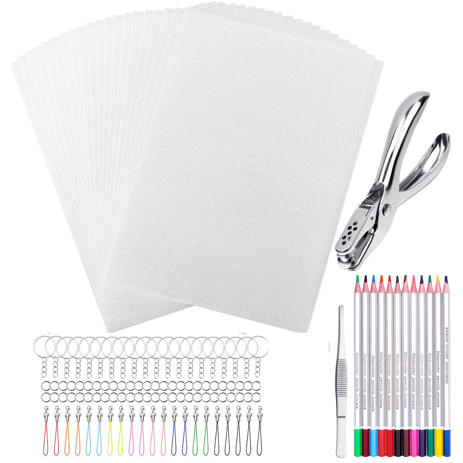 Набор для шринк-арта Shynek, 124 деталей, включает 20 листов термоусадочной пластики, перфоратор для отверстий, карандаш, 20 металлических брелоков с цепями, 50 разрывных кольцев, 20 разноцветных карабинок, пинцет, 12 цветных карандашей