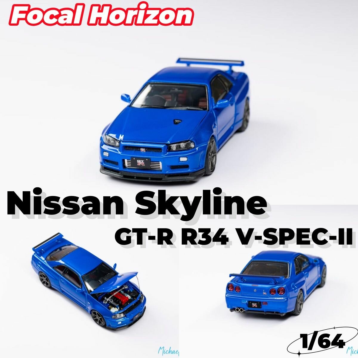 Модель автомобиля Focal Horizon-FH 1/64 Nissan Skyline GT-R R34 V-SPEC-II Bayshore Blue, масштаб 1/64