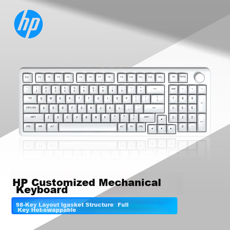 HP K10G-98L White Custom Mechanical Keyboard, Wired Gasket Structure, 98-Key Layout with Knob, Full Hot-Swappable Keyboard