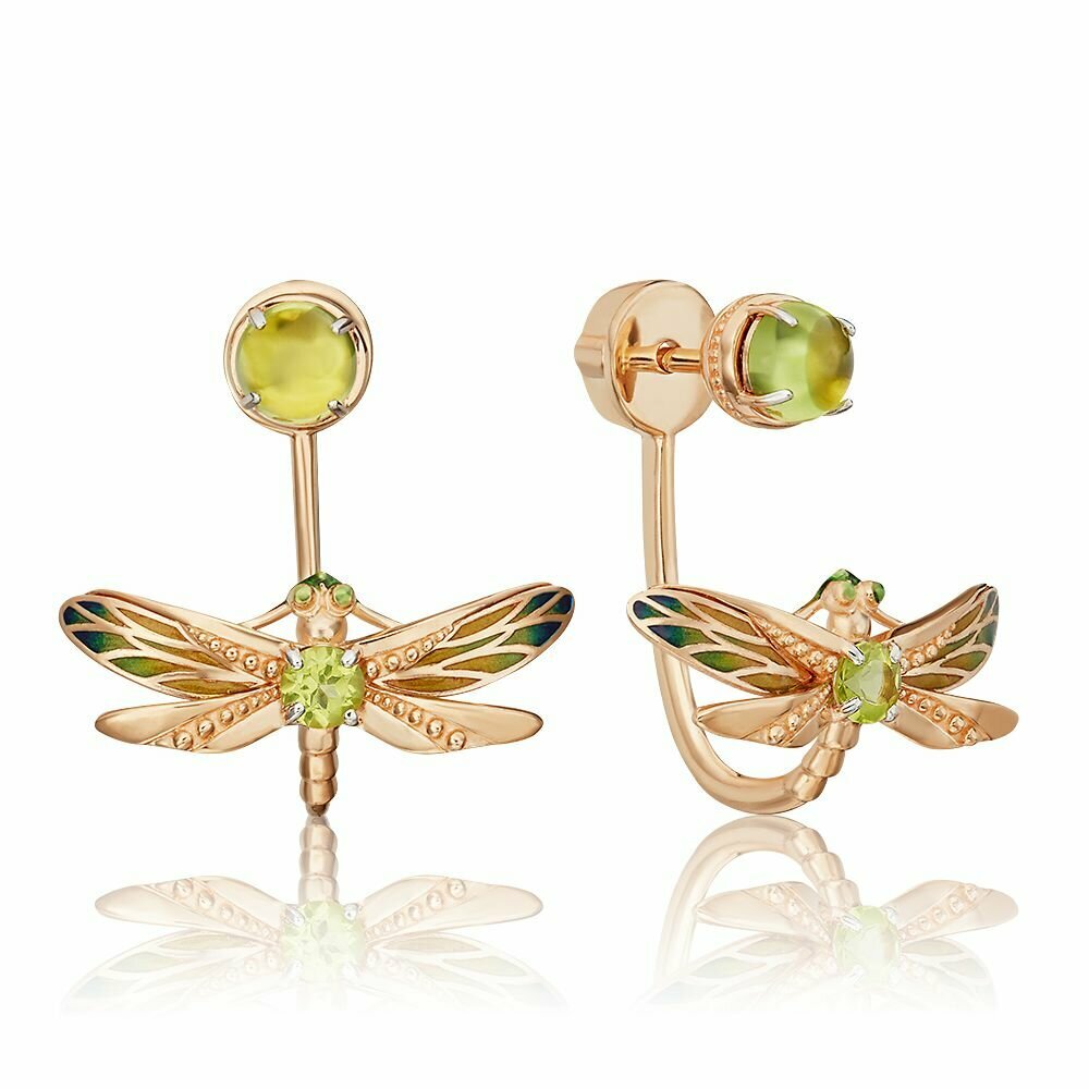 Серьги пусеты, красное золото, 585 проба, эмаль, хризолит