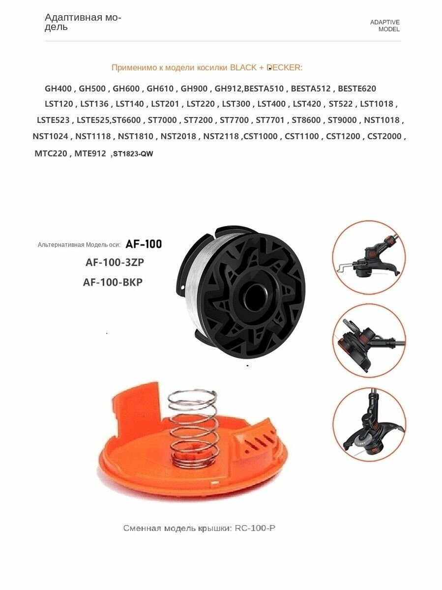 Катушка с леской для триммера, BLACK+DECKER AF-100, катушка x3шт.+RC-100-P крышка x1шт.+пружина x1шт.