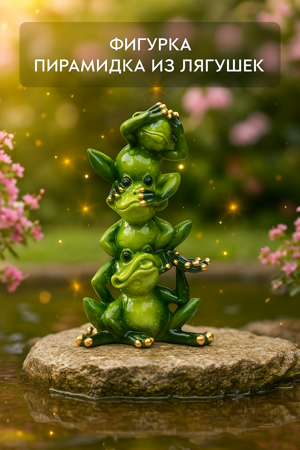 Фигурка декоративная, полистоун "Пирамидка из лягушек" размер 14×7.5×5 см