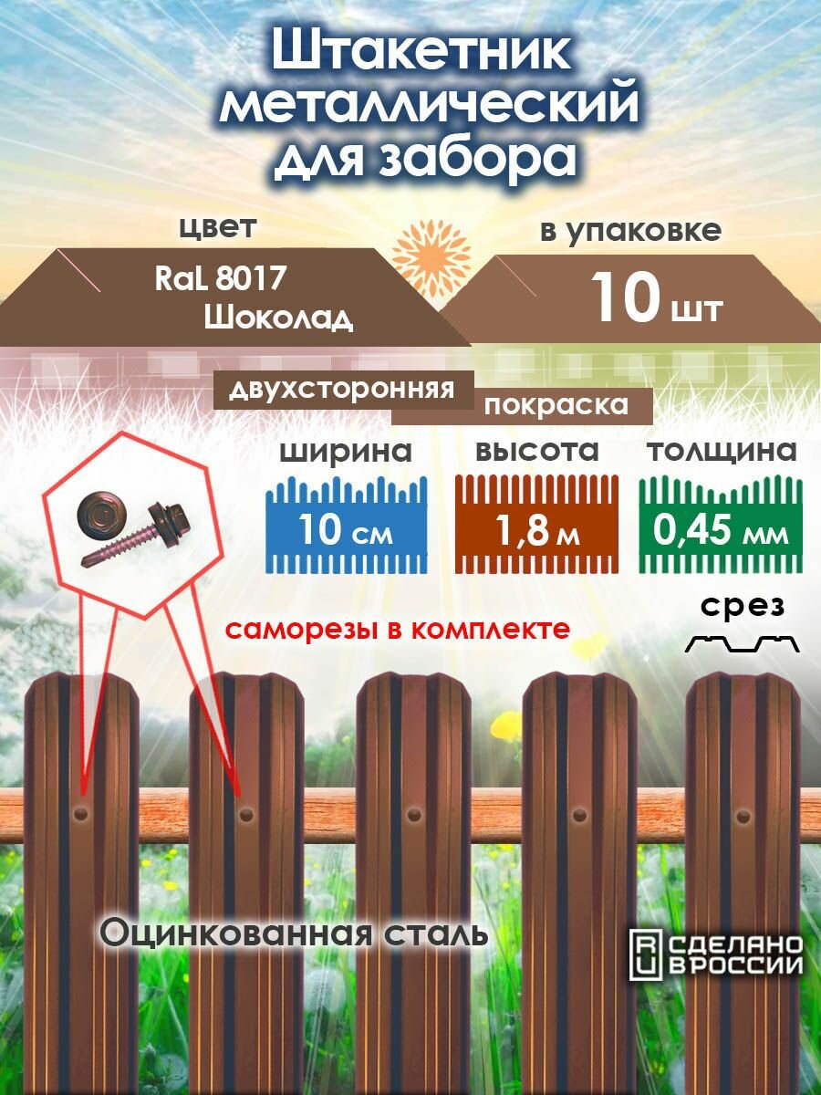 Металлический штакетник двухсторонний М-образный 1,8 м, 10 шт, RAL 8017