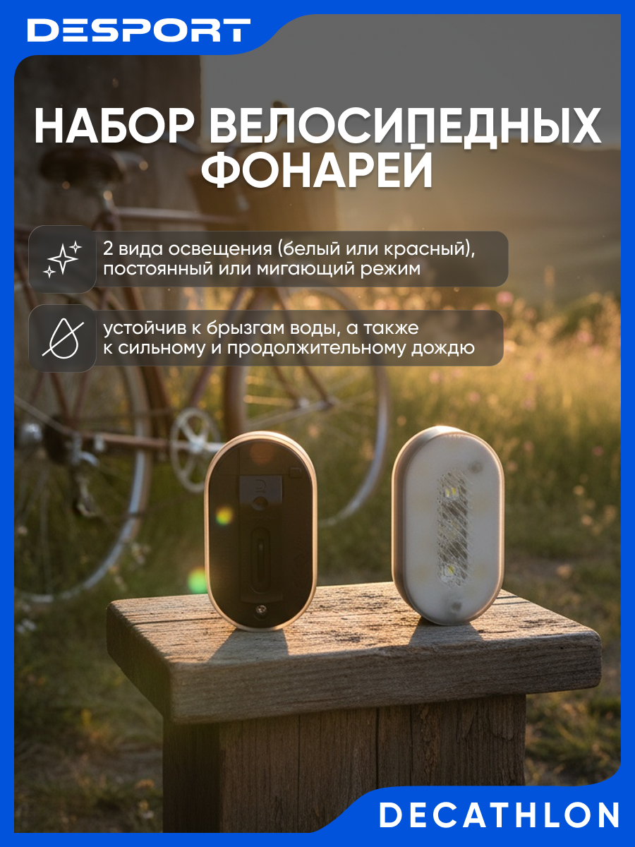 Набор велосипедных фонарей (2шт.) Btwin SL510, передний или задний, USB-зарядка, IPX4, белый/красный