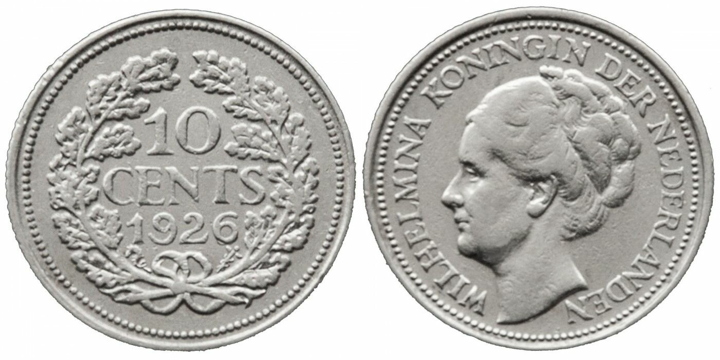 Нидерланды 10 центов, 1926 - 1945 Королева Вильгельмина XF