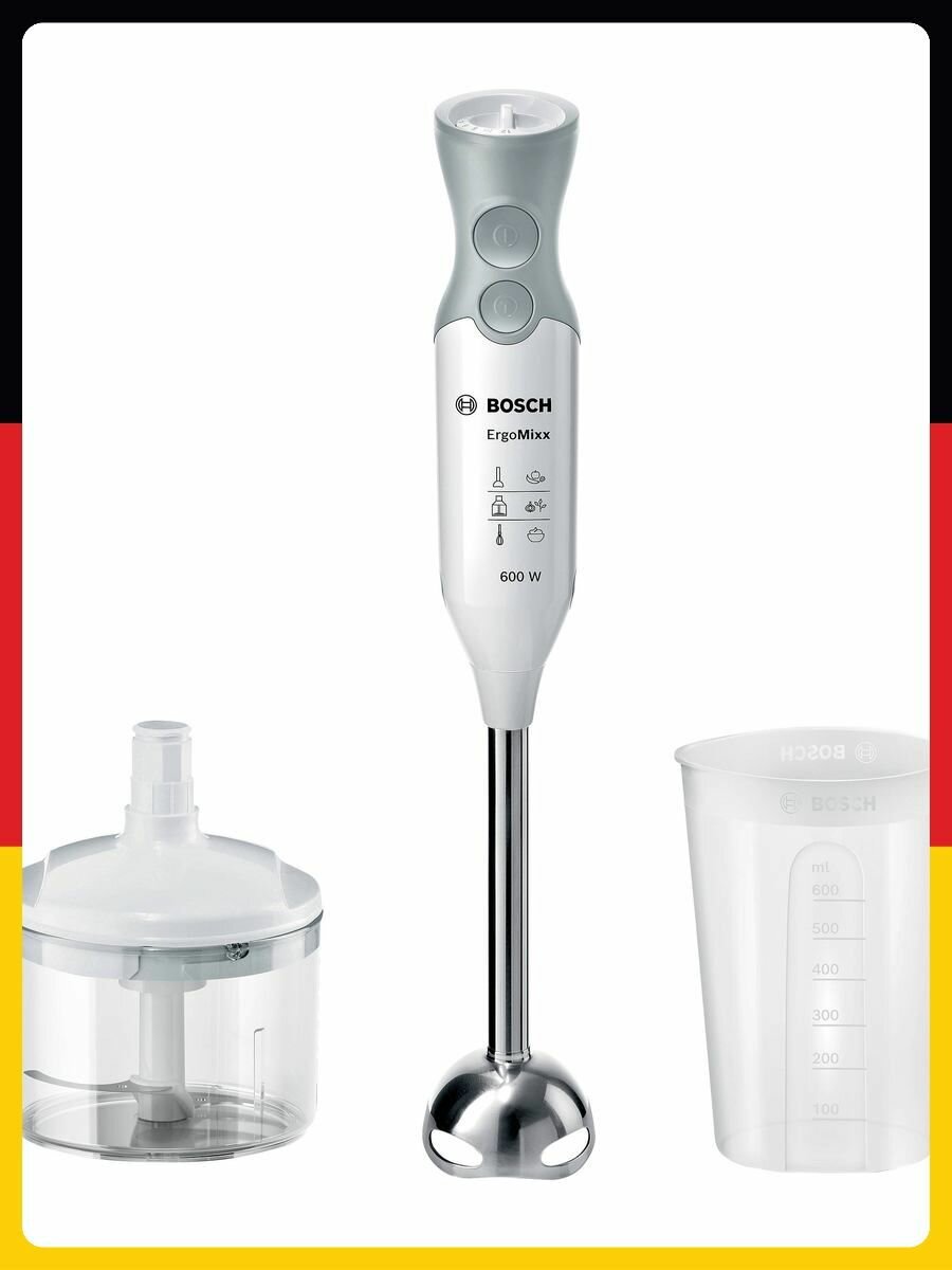 Погружной блендер Bosch ErgoMixx, 600 Вт, насадка из нержавеющей стали, измельчитель, бело-серый