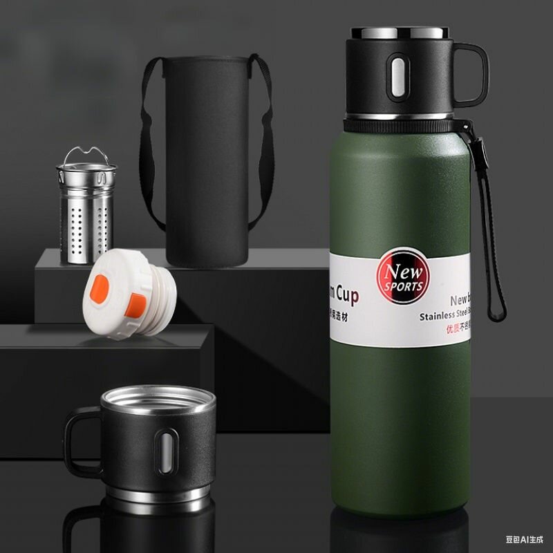 Термос Со стеклянной колбой, С ручкой, Крышка-чашка, 1 л