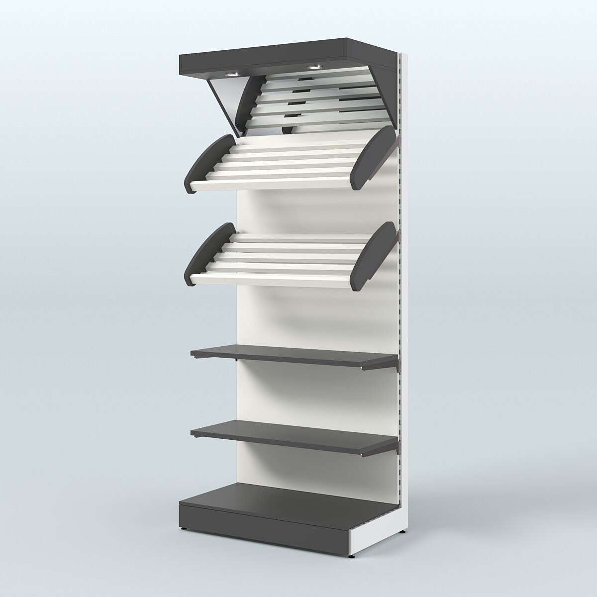 Пристенный стеллаж для продажи хлеба и выпечки с полками - корзинами и верхним зеркальным фризом СХФ-02, Черный и Белый