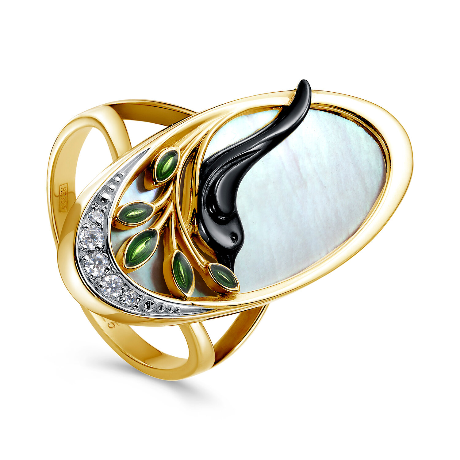 Кольцо, серебро, 925 проба, фианит, перламутр