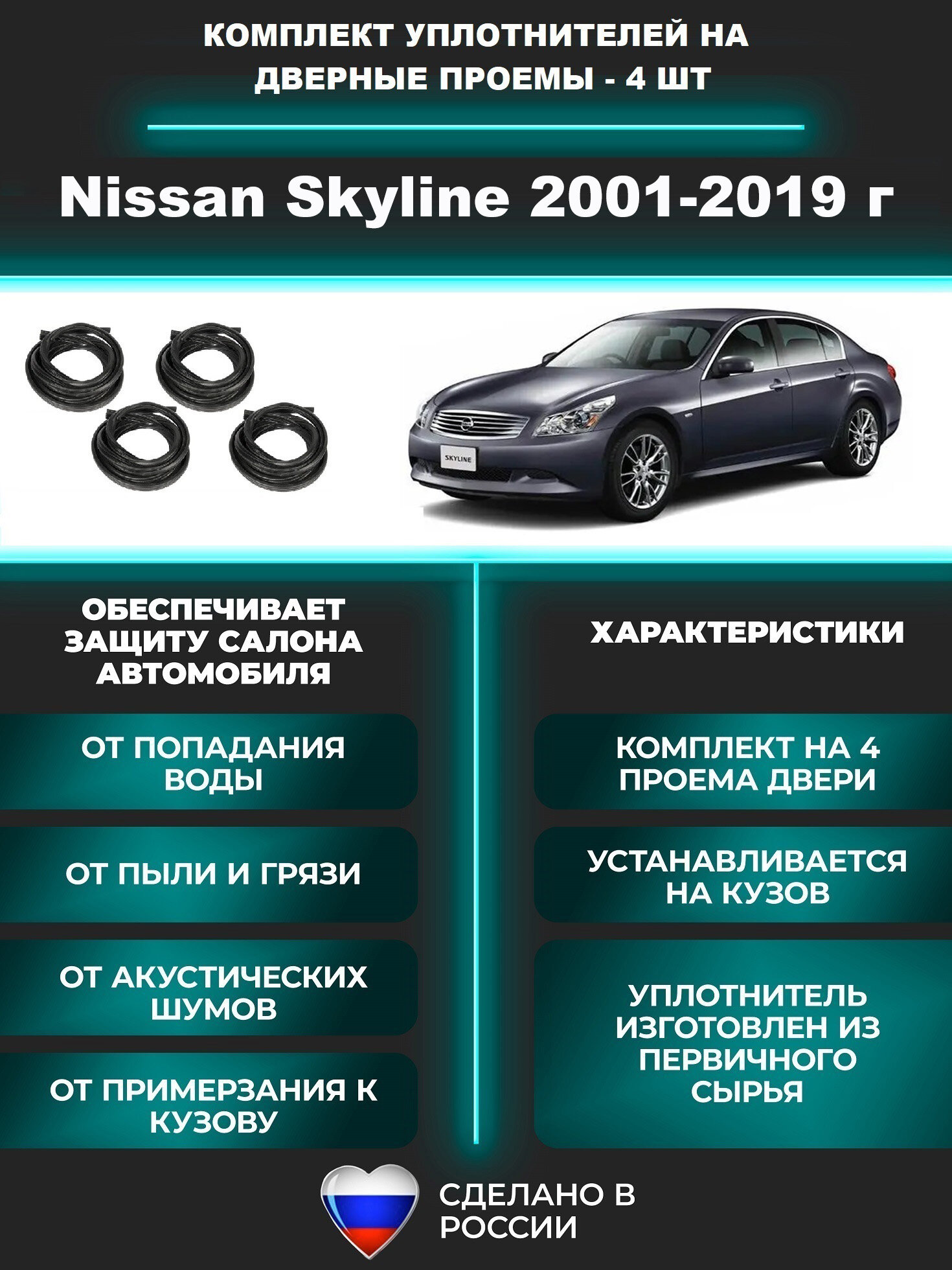 Комплект уплотнителей дверей на Nissan Skyline 2001-2019 г / Ниссан Скайлайн резинка на 4 двери