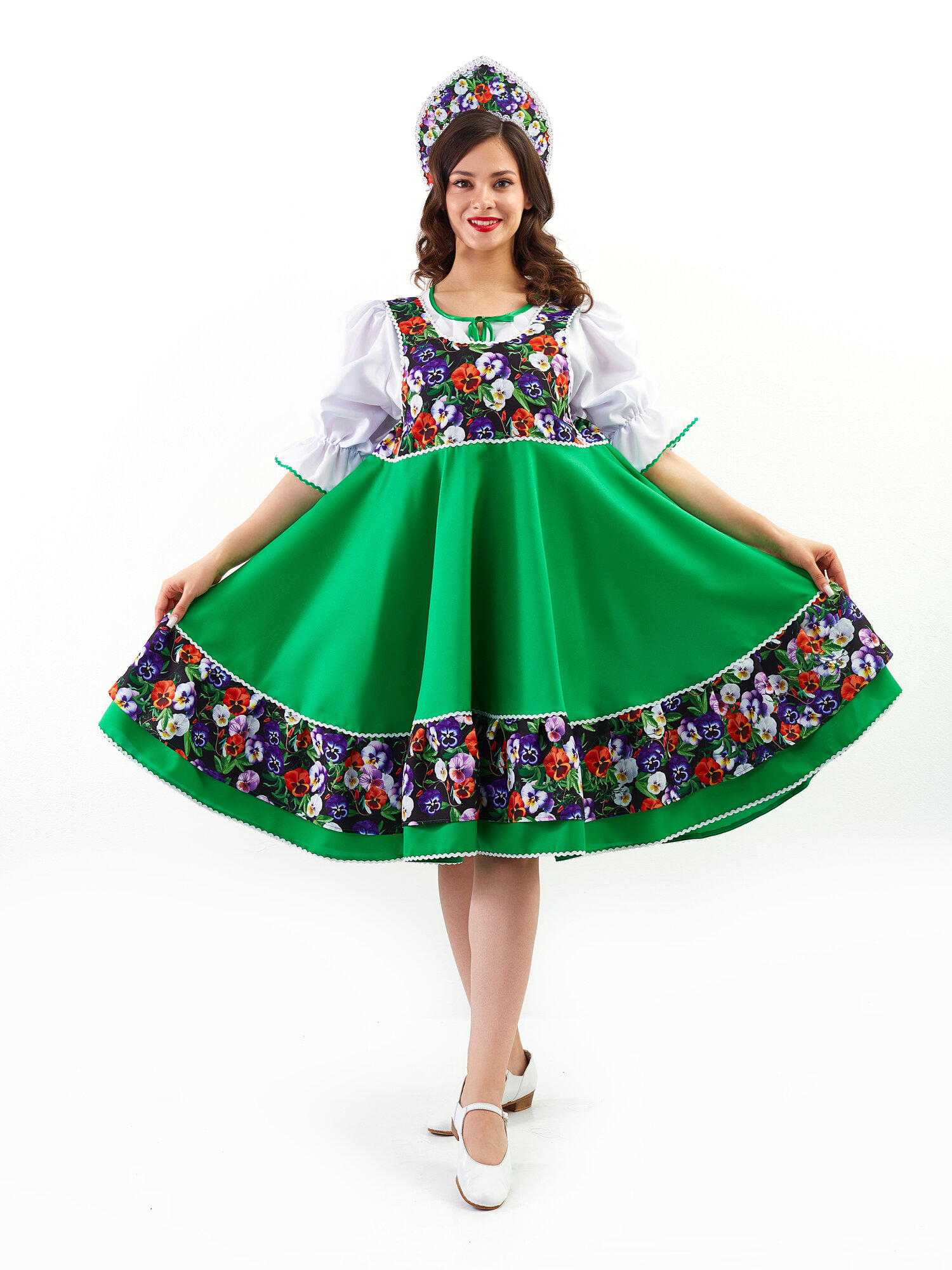 Костюм русский народный сарафан плясовой Анютка зеленый, размер 40-42
