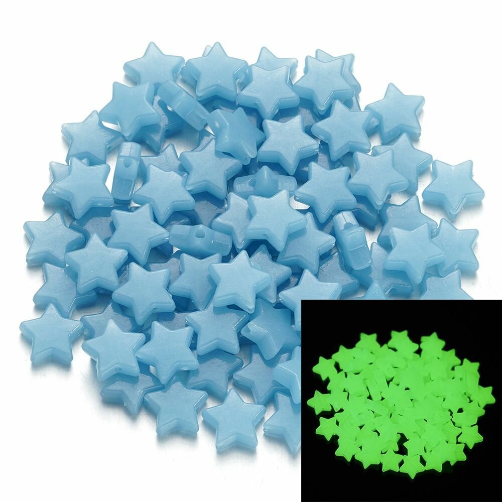 Бусины для рукоделия, светящиеся в темноте, форма звезда 10.5*11 мм, 50 шт, голубые акриловые элементы для украшений, браслетов и декора