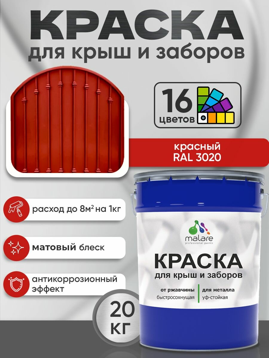 Краска по металлу Malare для крыш и заборов по ржавчине, для наружных работ, быстросохнущая износостойкая RAL 3020 красный, матовая, 20 кг