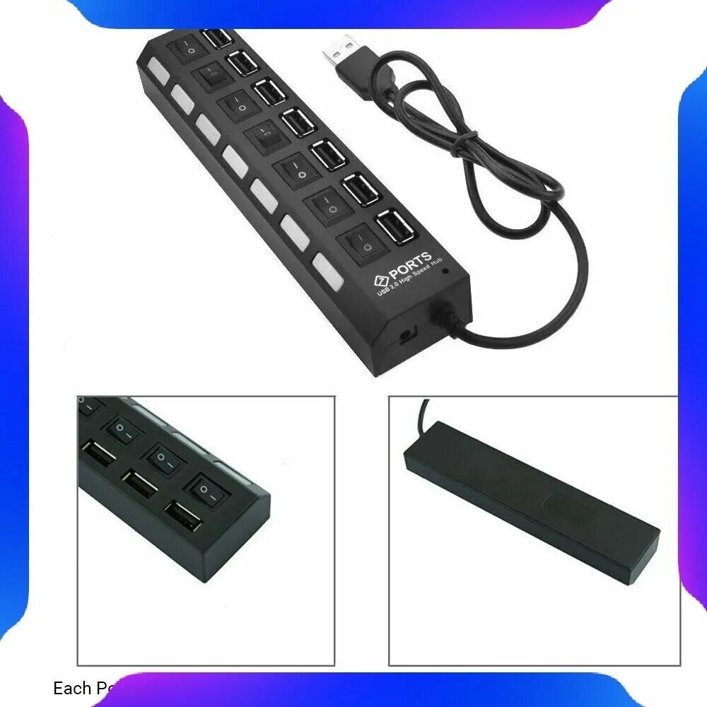 7-портовый разветвитель USB-концентратора с переключателями включения/выключения