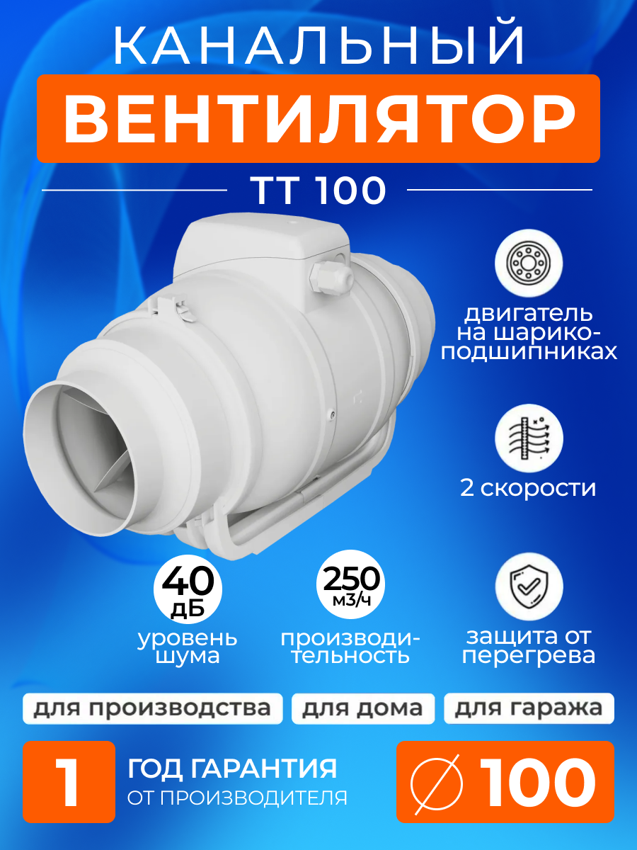Вентилятор 100 мм приточно-вытяжной TT 100, осевой, 2 скорости, 25 Вт, 250 м3/ч, малошумный 40 дб, VEO