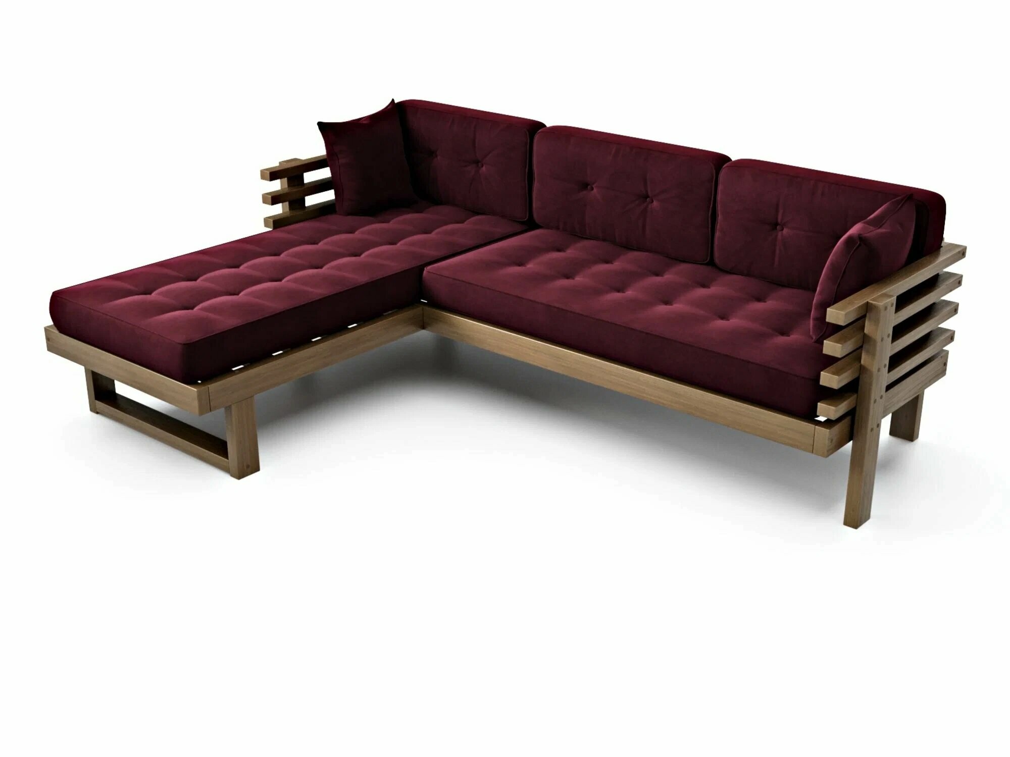Садовый диван угловой Arsko Стоун-У-С левый бордовый-орех, велюр, деревянный, в гостиную, в прихожую, на балкон, на ножках