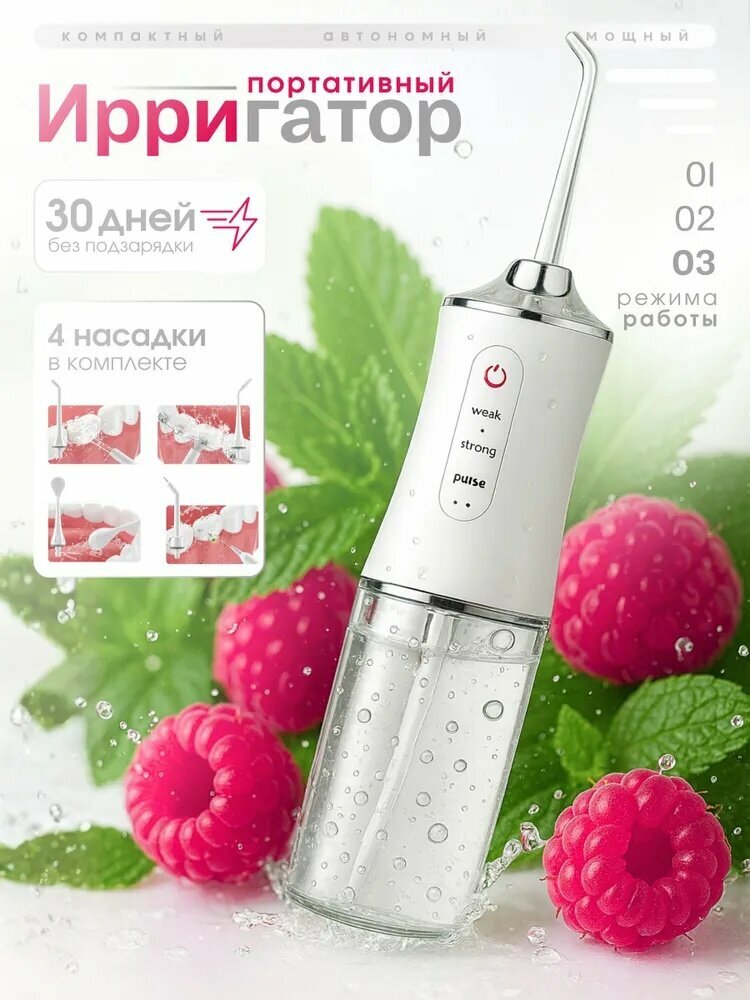 Ирригатор, 4 насадки, импульсный, для взрослых, питание от аккумулятора
