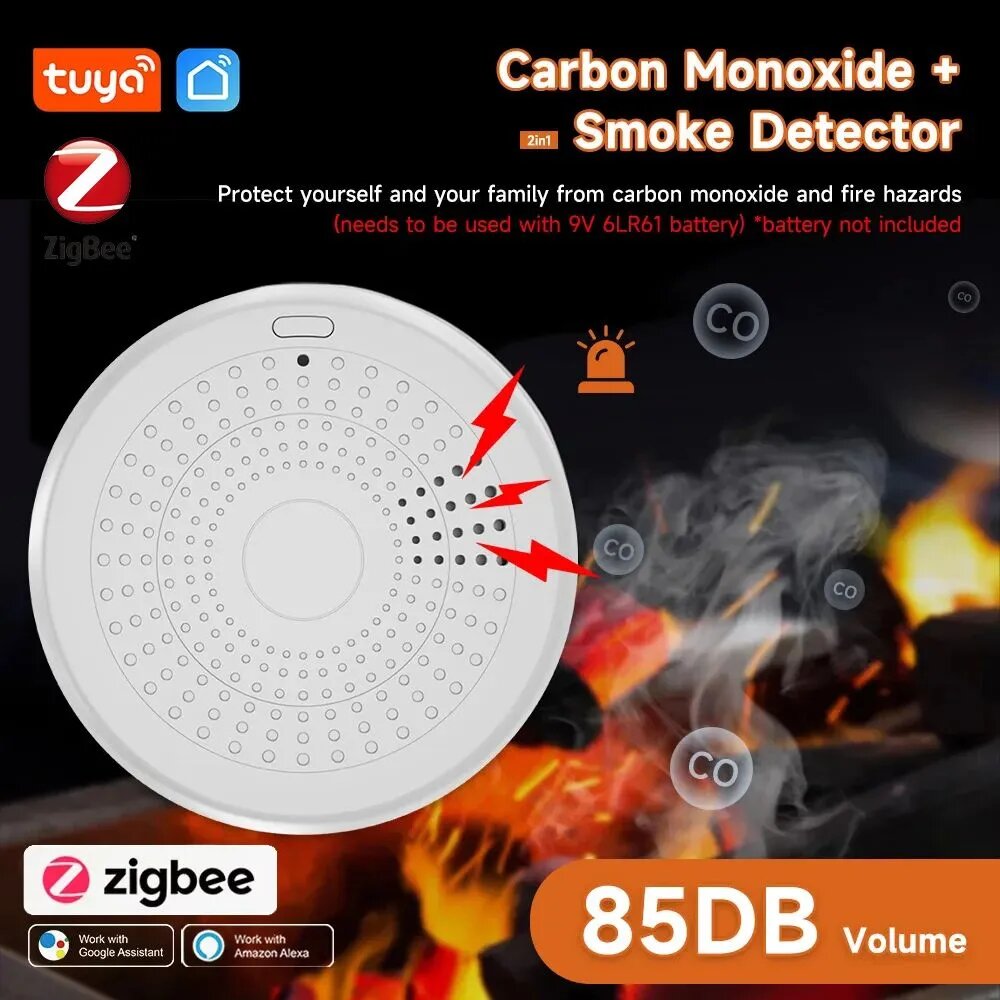 Датчик дыма zigbee, детектор дыма два в одном, Smart Life, пожарная сигнализация