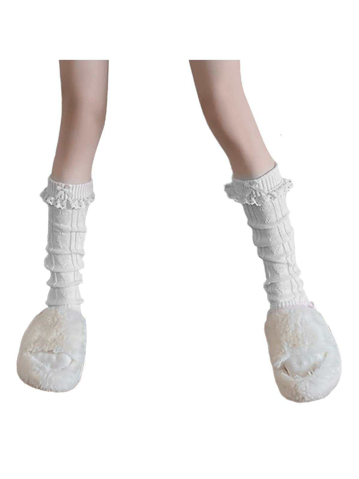 Женские вязаные гетры с кружевами и бантом, Белая вертикальная полоса