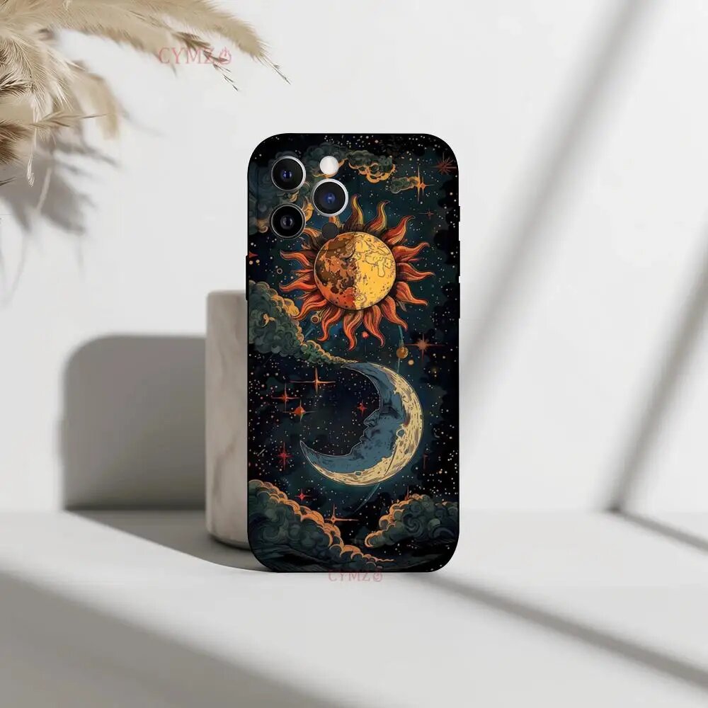 Чехол для телефона с фантазийным рисунком солнца и луны, подходит для iPhone 17, 16, 15, 14, 13, 12, 11 Pro Max, противоударный и с защитой от отпечатков пальцев
