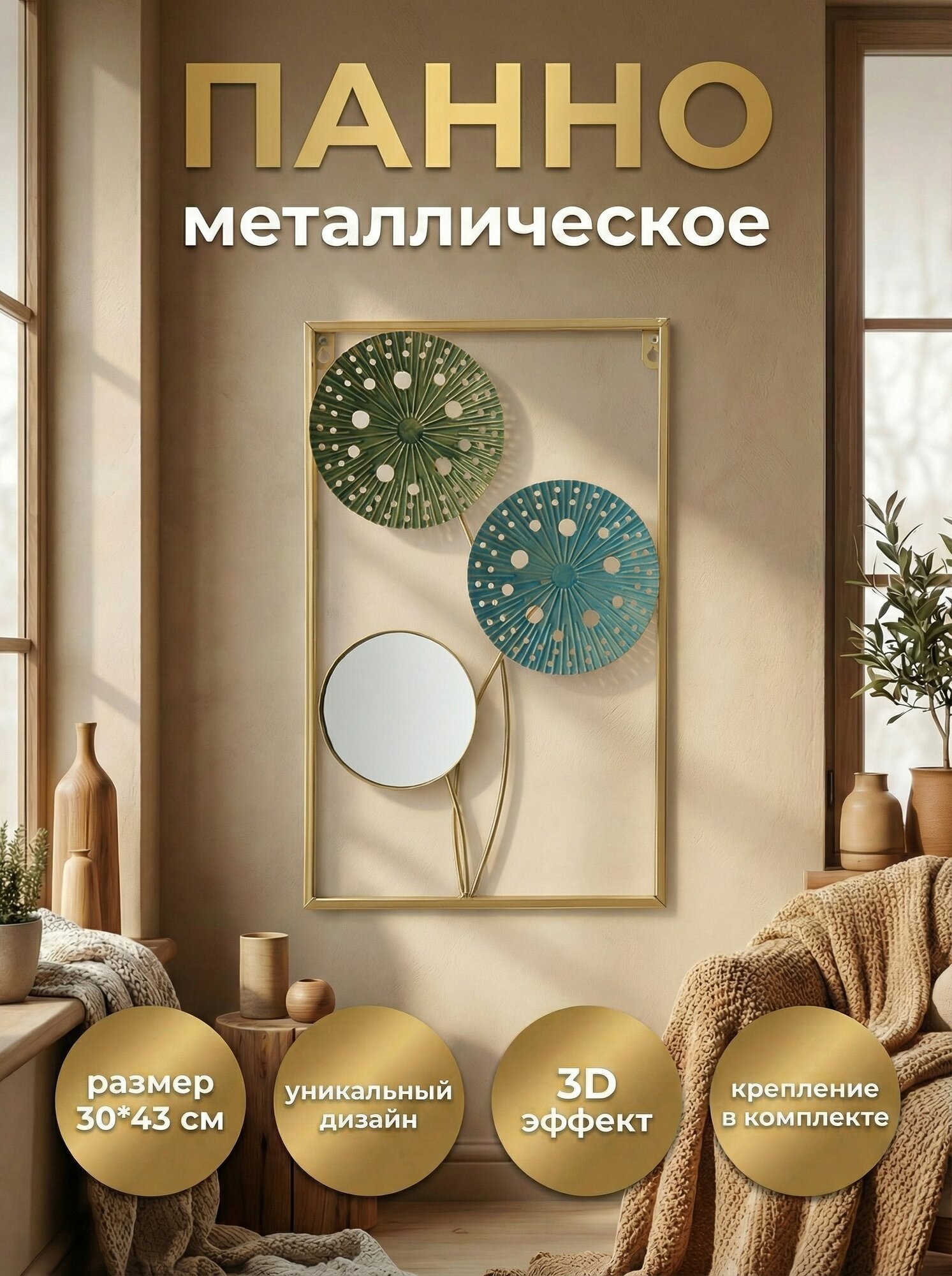 Панно настенное Кувшинки с зеркалом 30*43 см Интерьерное панно