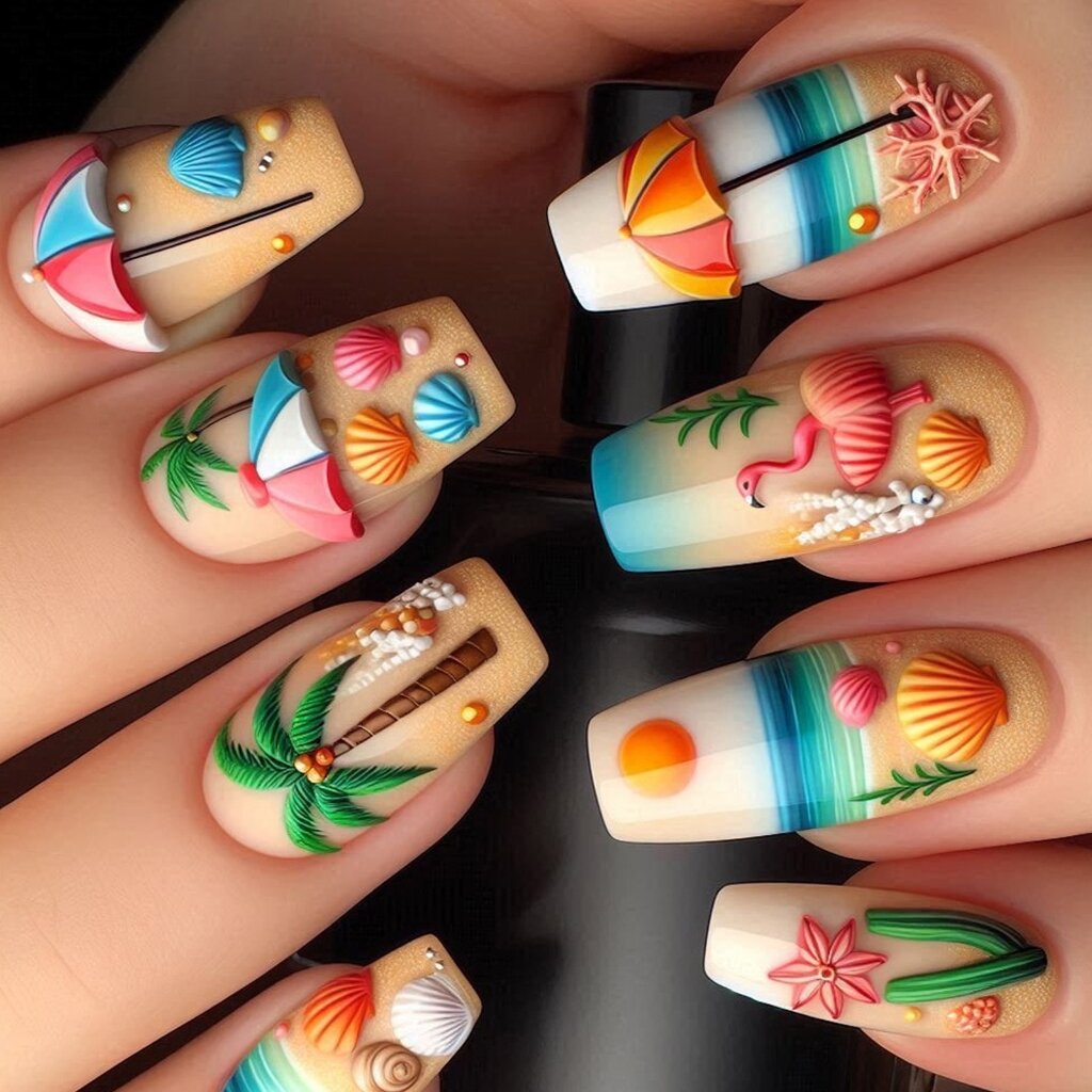 24 Шт. 3D Пляжный Пресс Для Ногтей Средний Балетный Летний Накладной Ноготь Французские Типсы Для Нейл-арта Наклеиваются На Акриловый Ноготь для Женщин