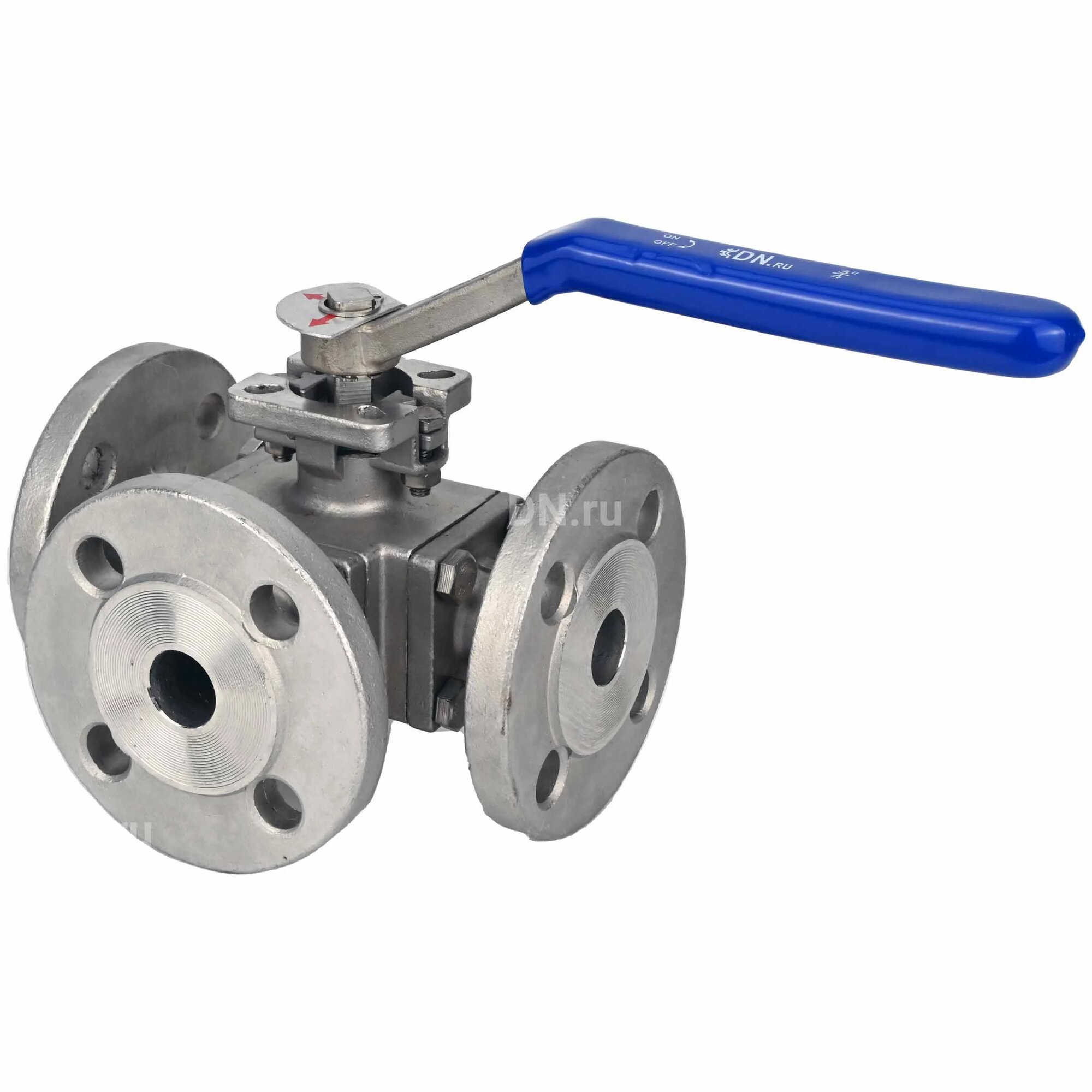 Кран шаровой DN.ru 316-316-PTFE Ду15 Ру16 полнопроходной, трехходовой L тип, фланцевый, корпус - нержавеющая сталь SS316, ISO-фланец F03/F04 квадрат 9х9, с рукояткой