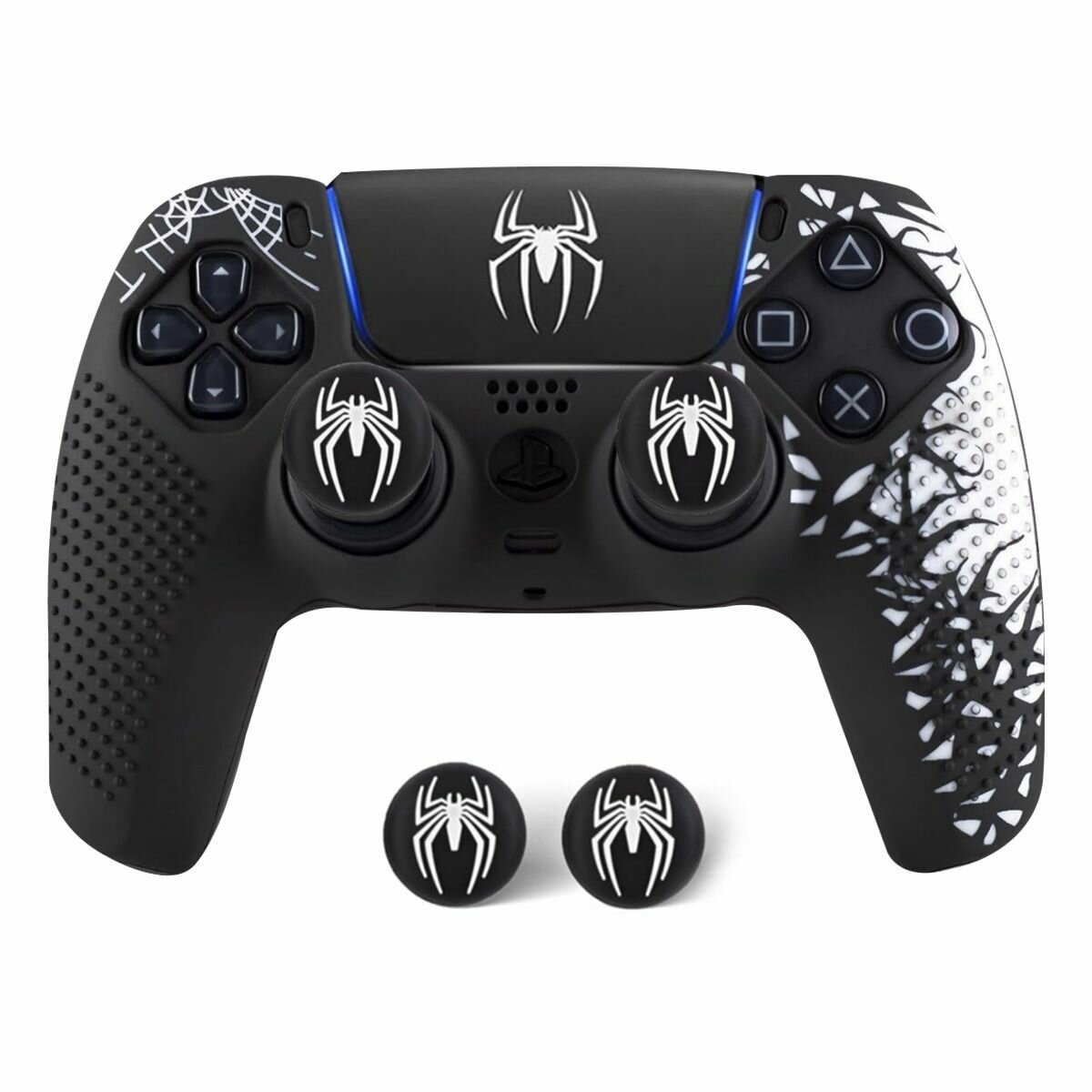 Нескользящий силиконовый чехол для контроллера PS5 с колпачками для джойстиков x 2 и наклейкой x 1-Черный паук + 2 колпачка