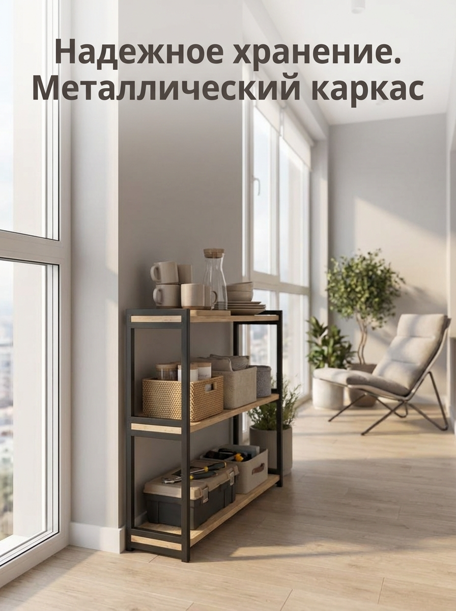 Стеллаж для хранения на кухню, на балкон, лофт металлический SAMADA 68×24×64 см, 3 полки, дуб вотан