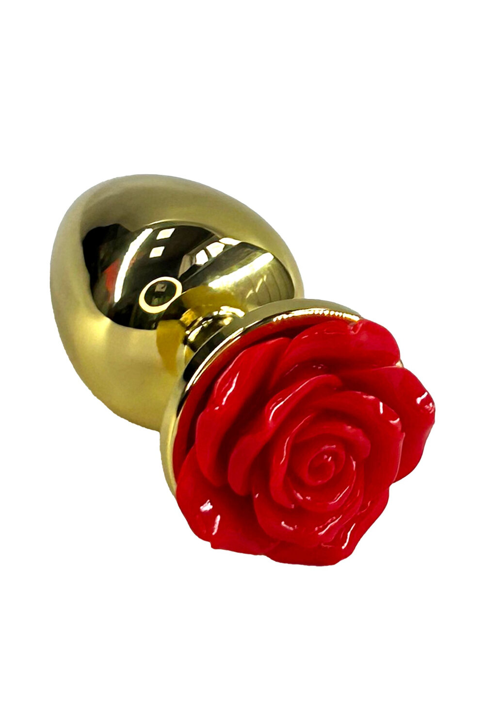 Золотая анальная пробка с ограничителем в форме красной розы, размер S