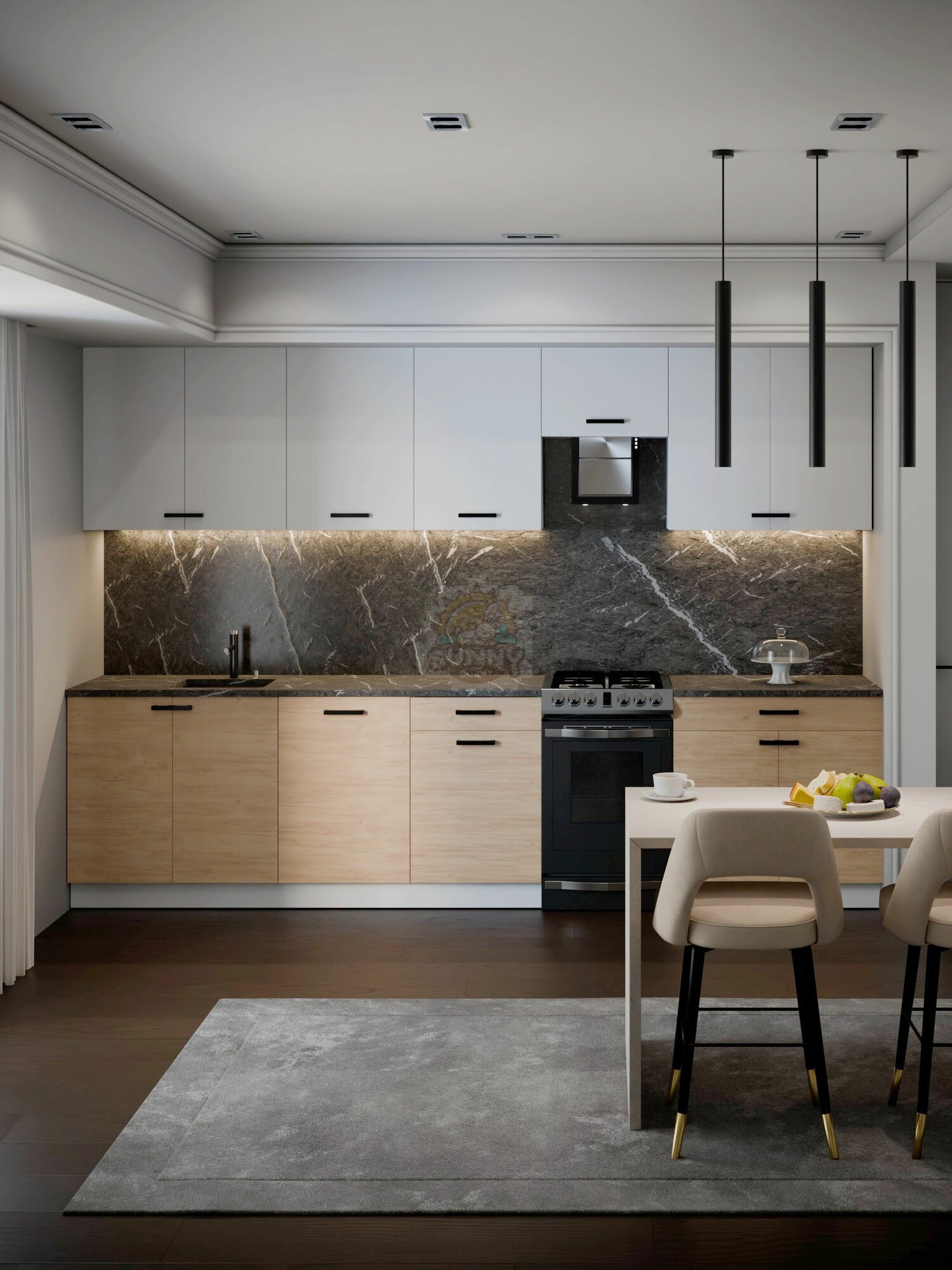 Кухня модульная прямая со столешницей Мария, 320 см, Белый гладкий/Дуб Вотан ЛДСП, 180 х 320 х 60 см, столешница 60 см.