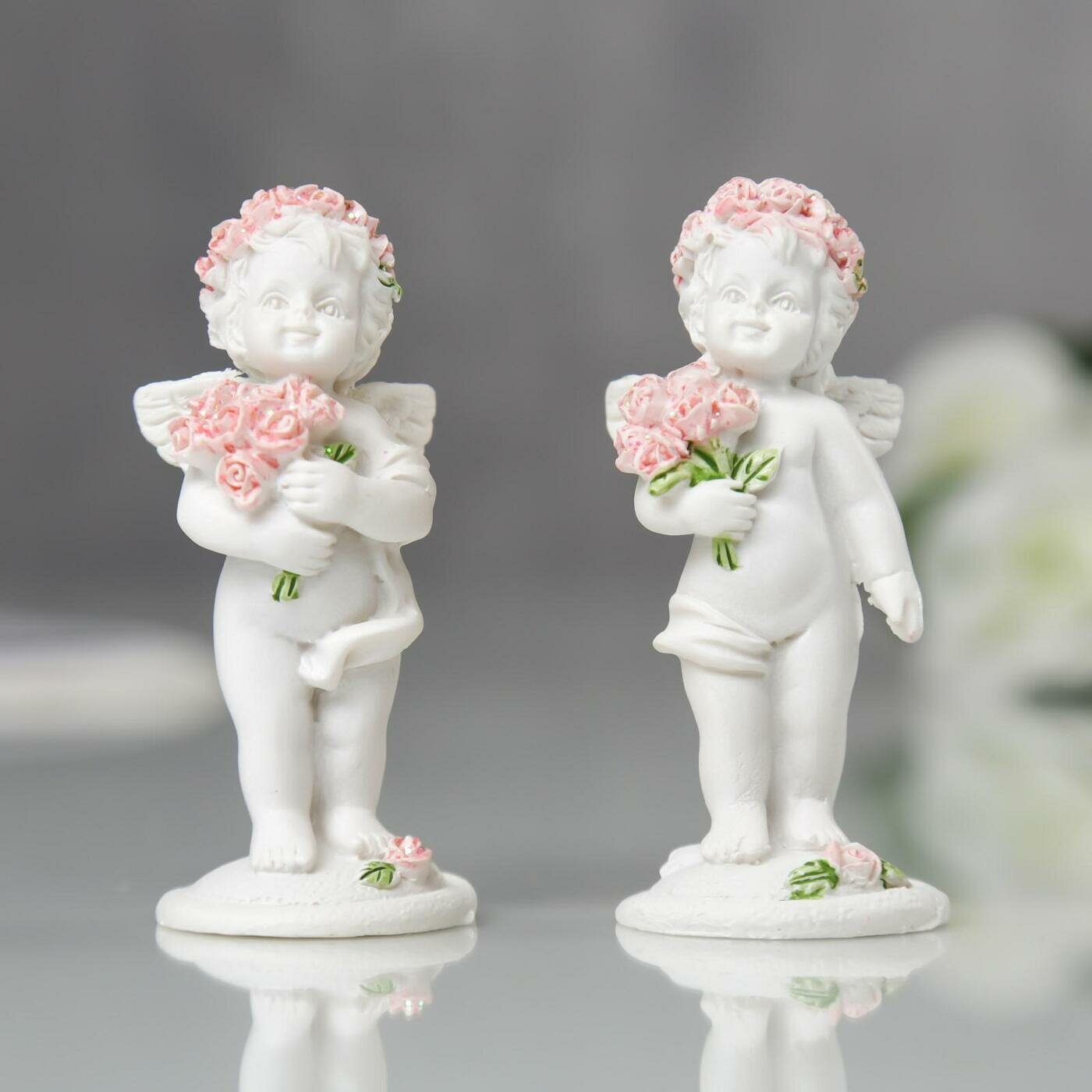 Фигурка полистоун Ангел в розовом веночке с букетиком , 6.8 2.8 3 см, микс