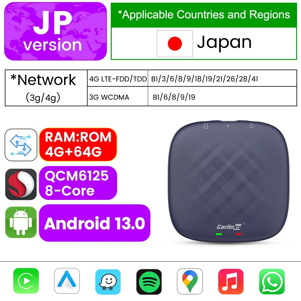 CarlinKit CarPlay Ai TV Box Android 13, 4G 64G, JP version