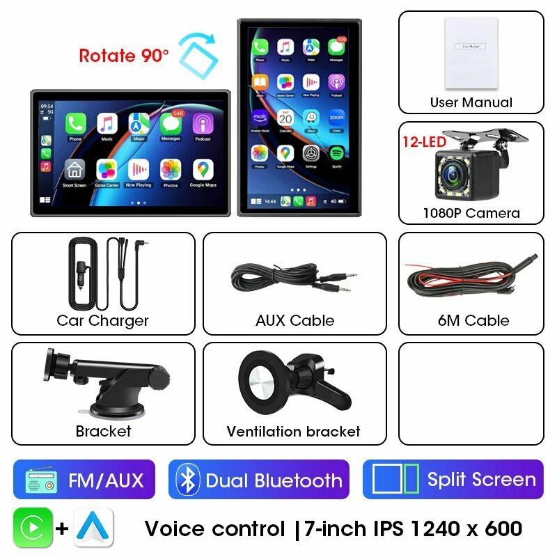 Jansite 7 "Экран Carplay для автомобиля Android Auto Портативный автомобильный радиоприемник Мультимедийный видеоплеер Стерео с GPS-навигацией Задняя камера With Rear Camera