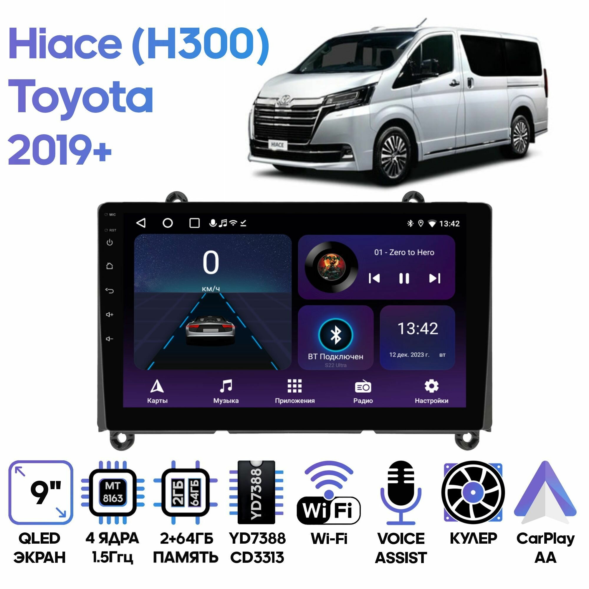 Магнитола Toyota Hiace (H300) 2019+ / 9 дюймов, 2/64GB, 4 ядра, Wi-Fi, Android 9 / Wide Media