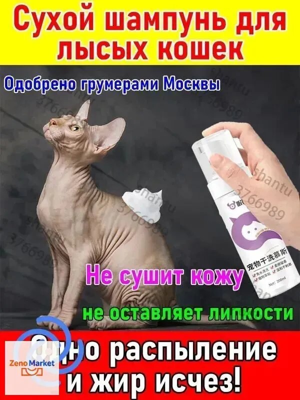 Сухой шампунь-мусс для сфинксов с кокосовым маслом и алоэ вера