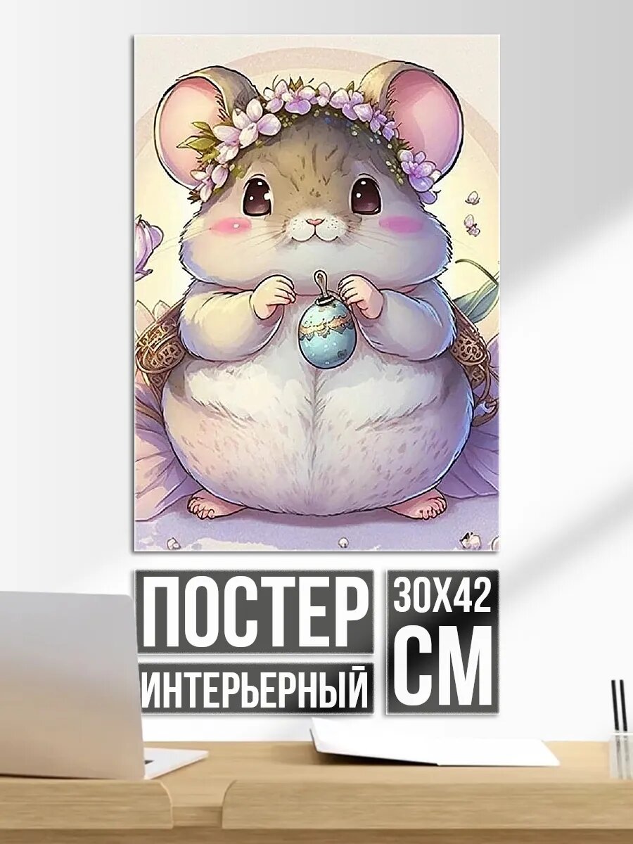 Плакат постер Милый хомяк в цветах