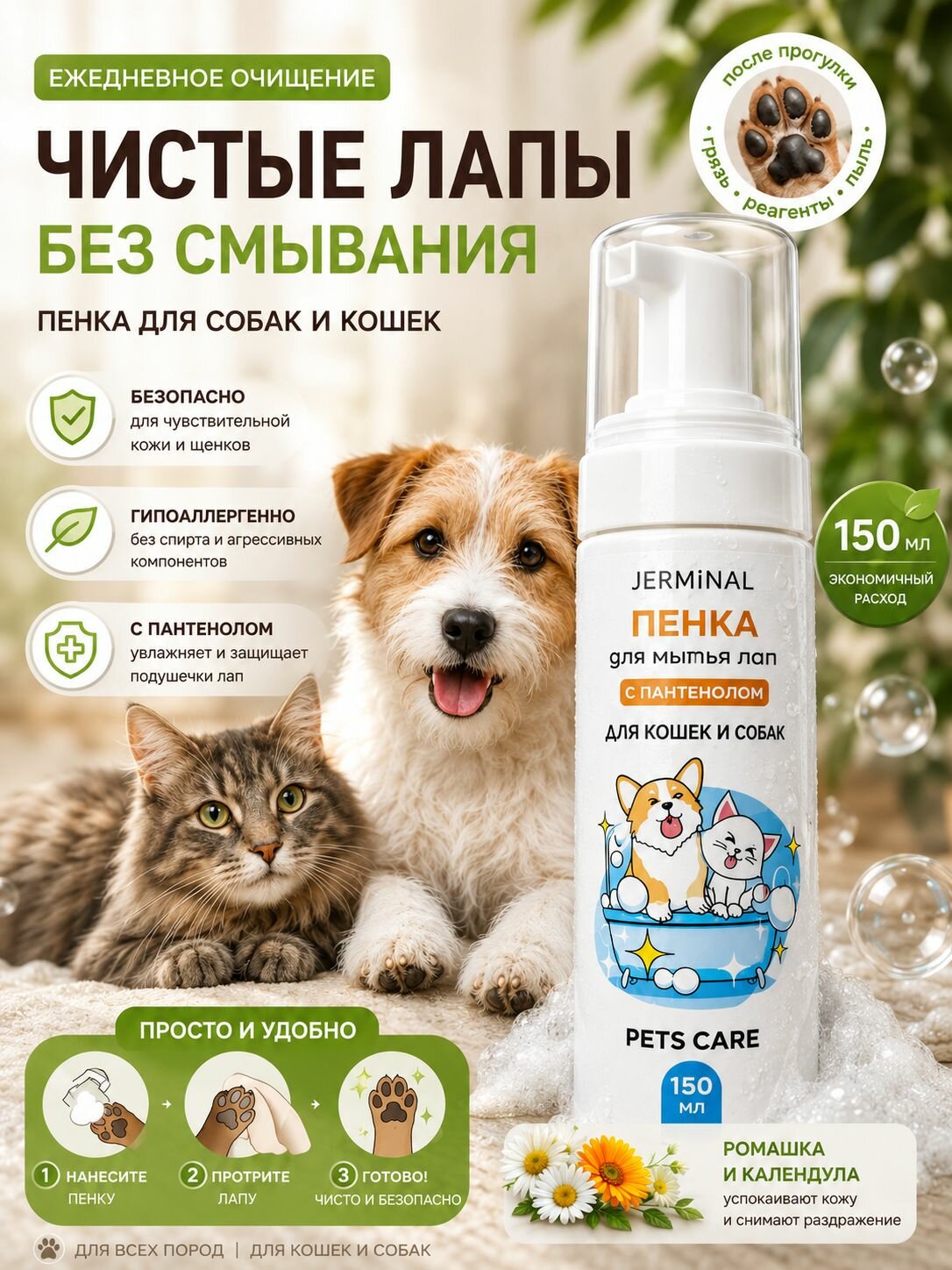 Пенка для мытья JERMiNAL COSMETiCS лап для кошек и собак, 150мл
