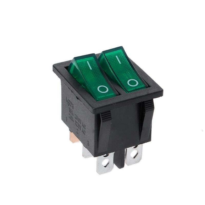 Выключатель-качалка 6-контактный 20A 125V AC с зелёным и красным светом, Зеленый