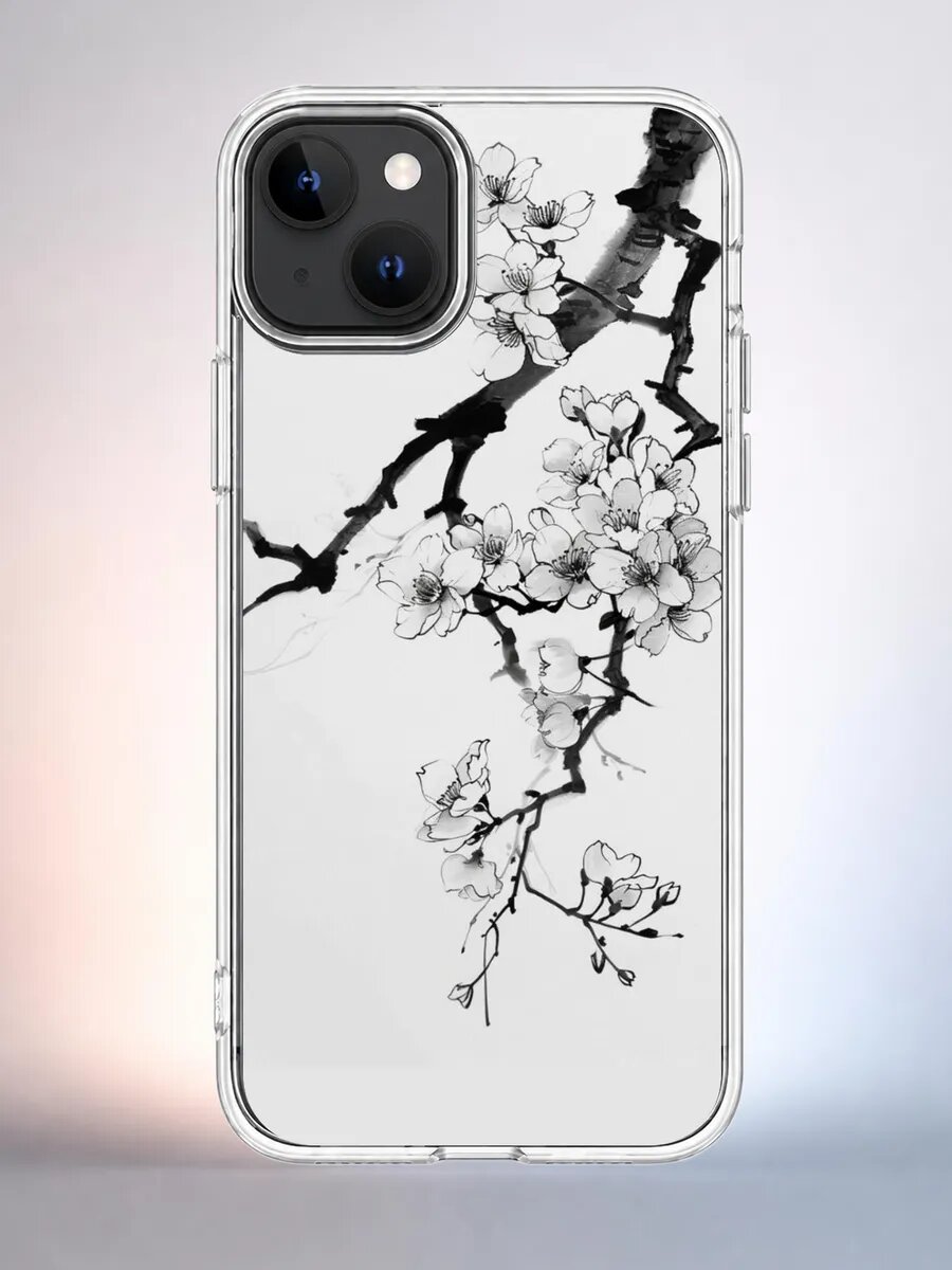 Чехол iPhone 14 сакура эскиз силиконовый прозрачный