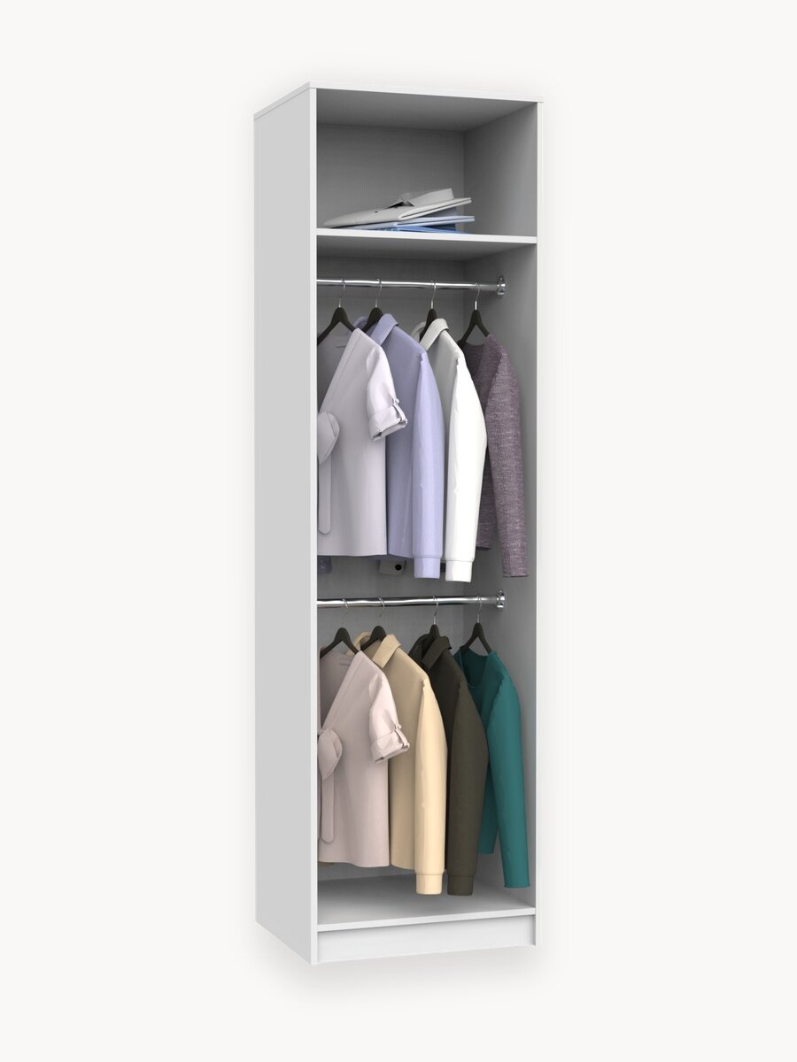 Открытый гардеробный шкаф-пенал Макс-4 с 2 штангами для вешалок и полкой, ШхГхВ: 60х50х210 см, белый