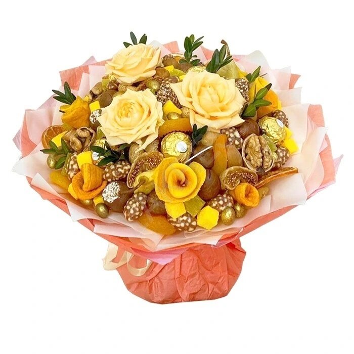 Букет LAKRES "Теплый сентябрь", розы, сухофрукты и орехи, диаметр 28 см
